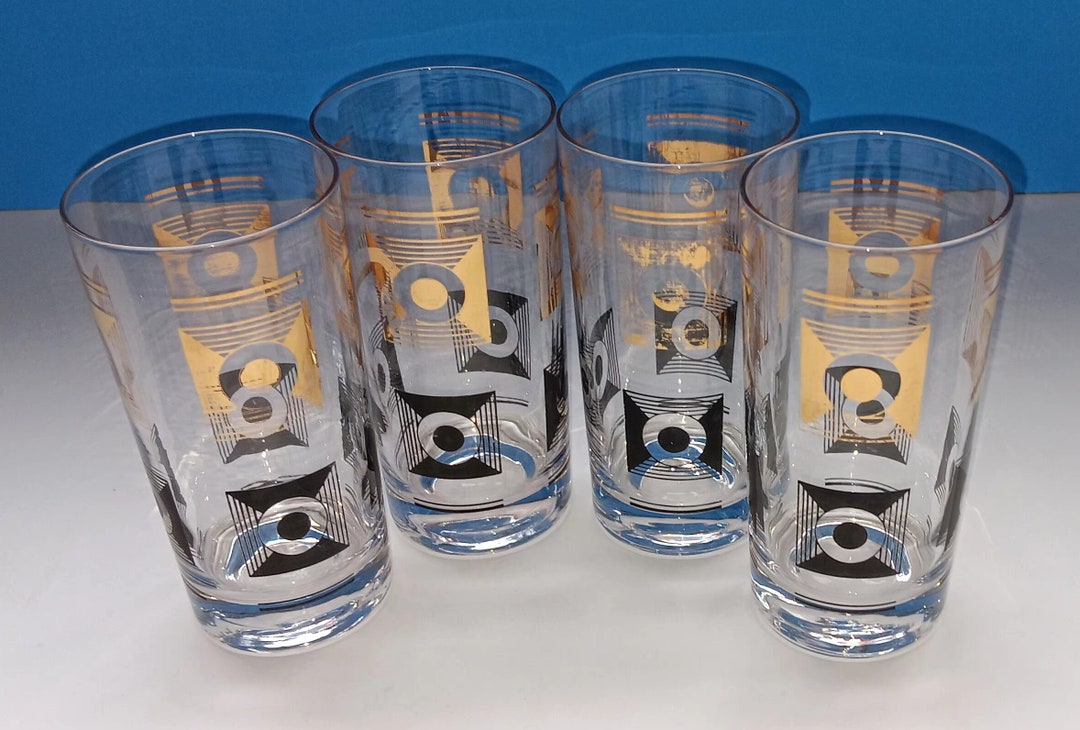 Vintage Mid Century Highball Glasses: Black & Gold Atomic Set - Etsy