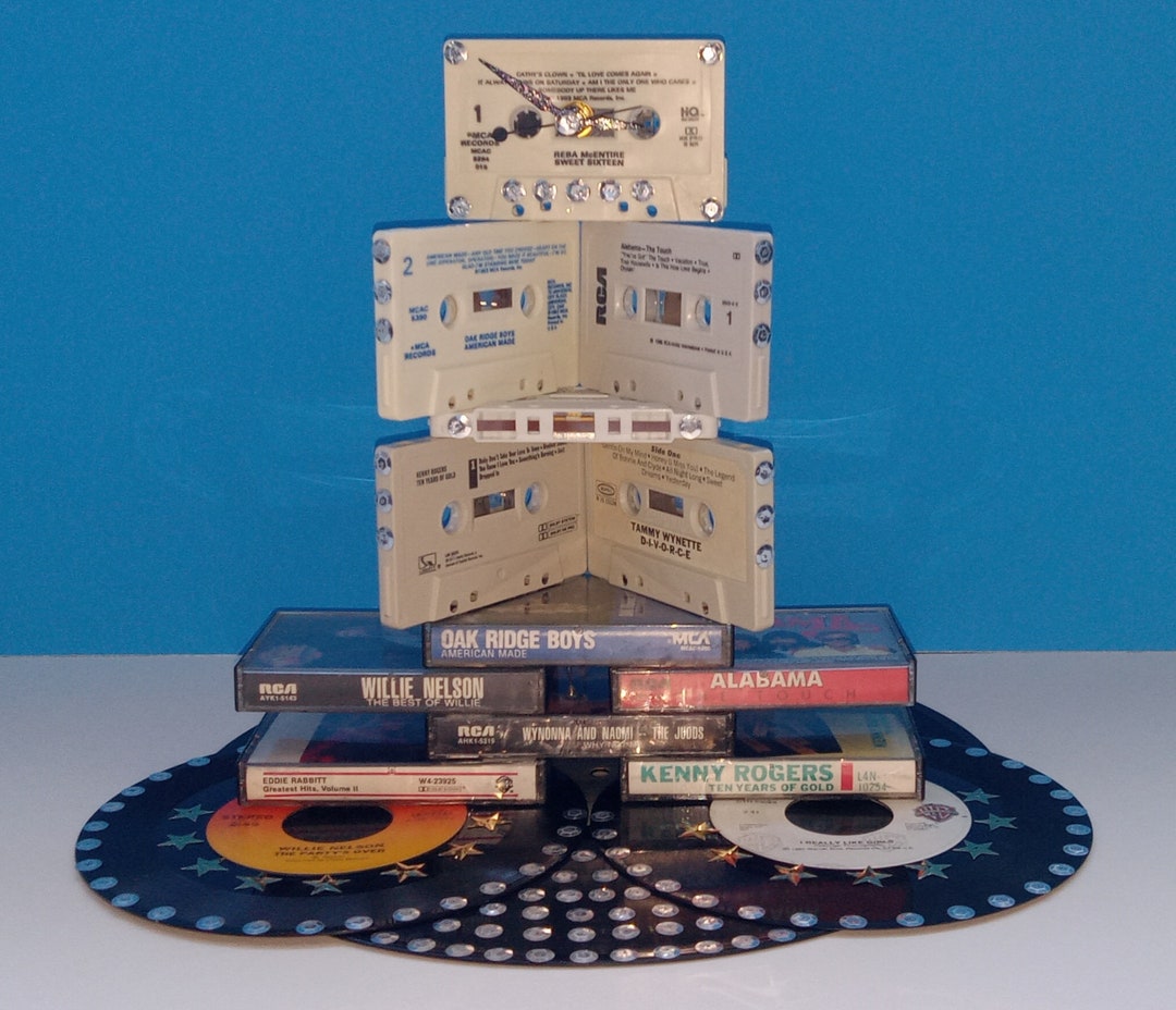 Handmade, Upcycled Country Music Cassette Tape/vinyl Record Tower Clock ...