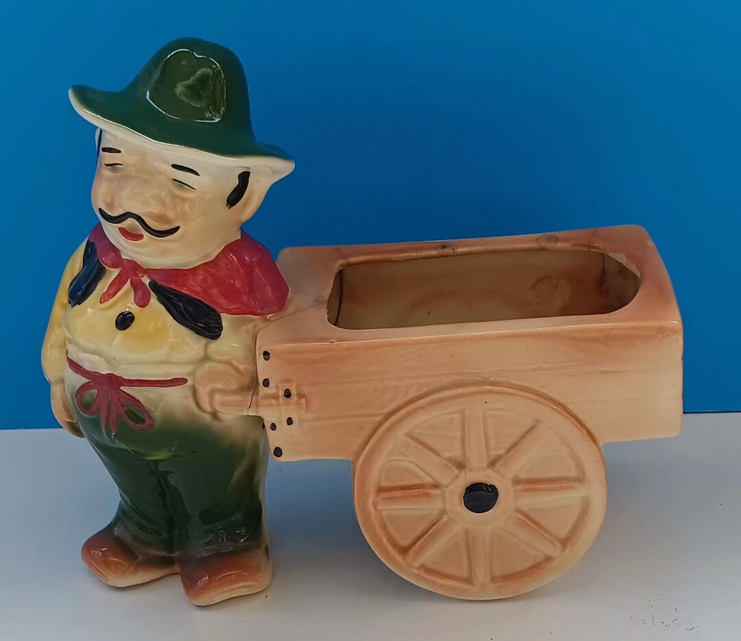 Mid Century Ceramic Man With Cart Planter, Vintage Planter. - Etsy