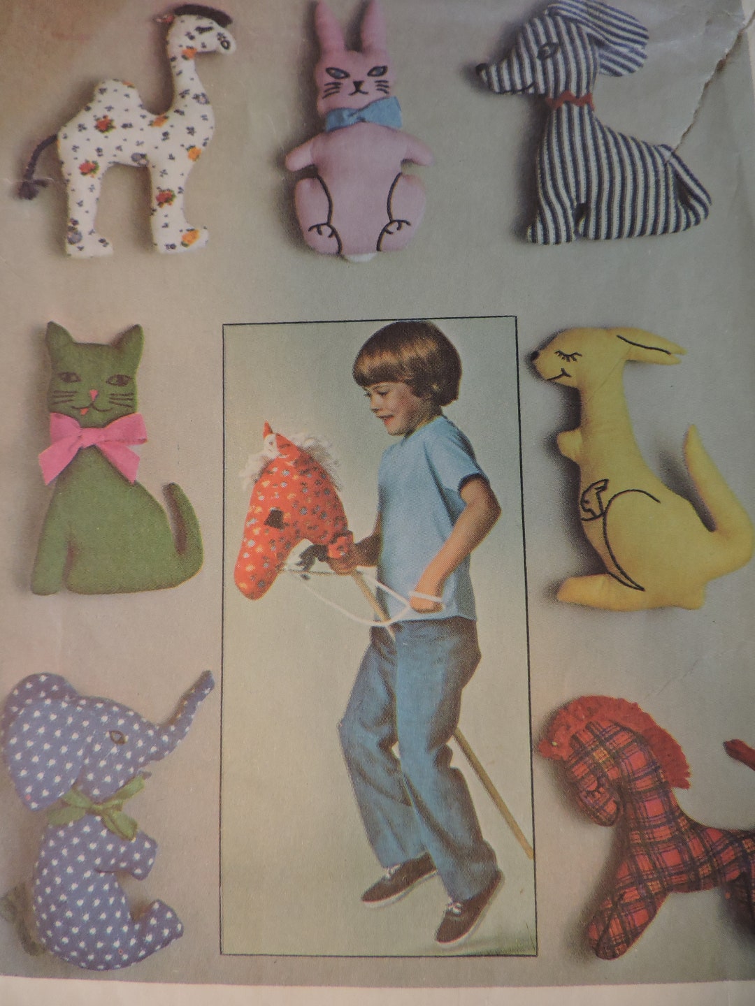 Hobby Horse and 7 Animal Stuffed Toys Rabbit Cat Dog Elephant Horse ...