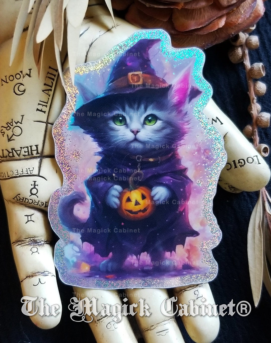 Holographic Witch Cat Sticker: Pixie Dust Familiar, Samhain Art - Etsy