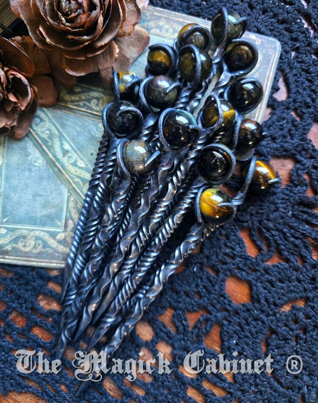 Tiger Eye Crystal Candle Scribe, Twisted Hand Forged Fancy Iron Witches ...