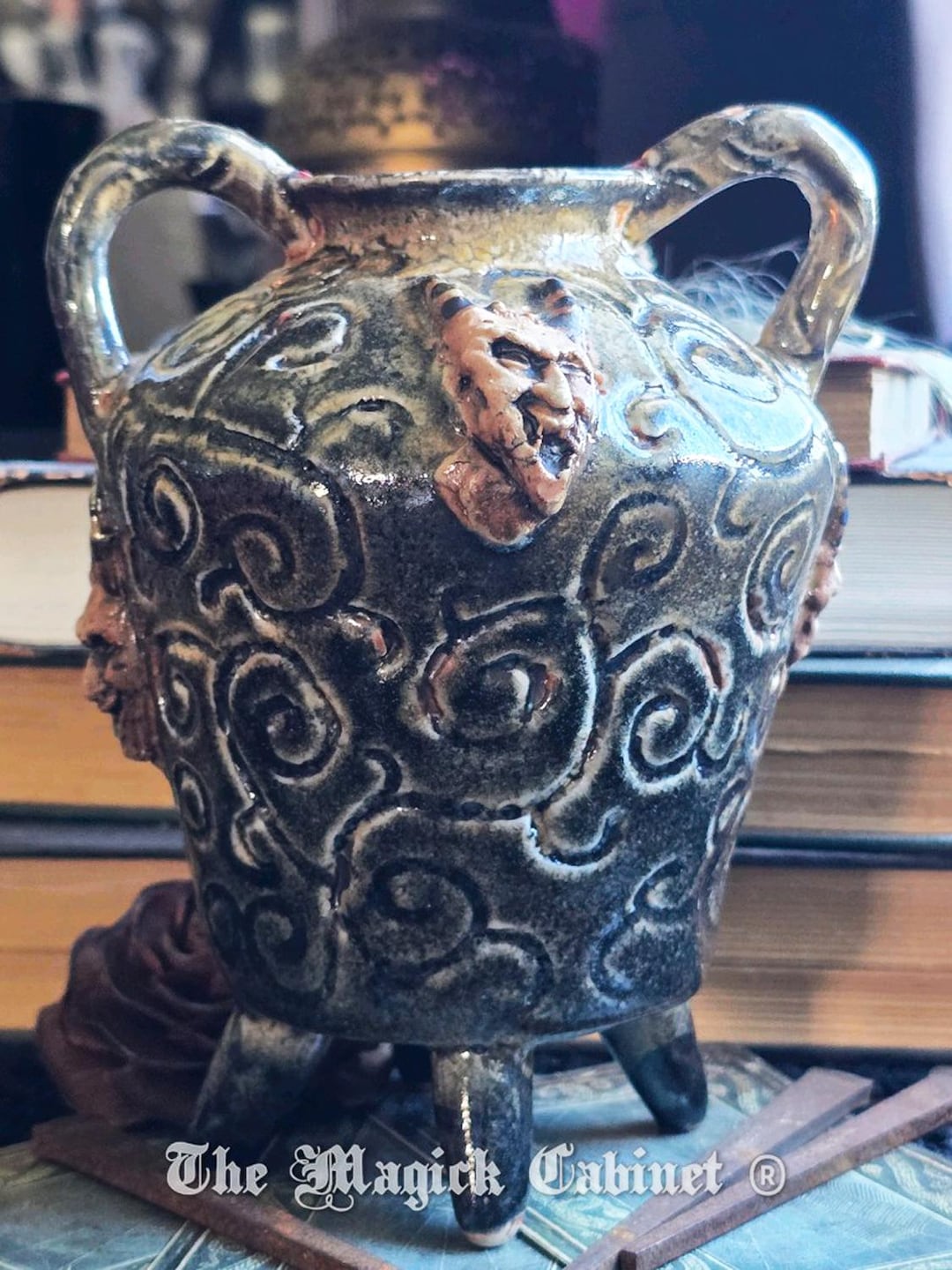 Vintage Handmade Devil Vase, Dark Green Vessel With Four Devil Heads on ...
