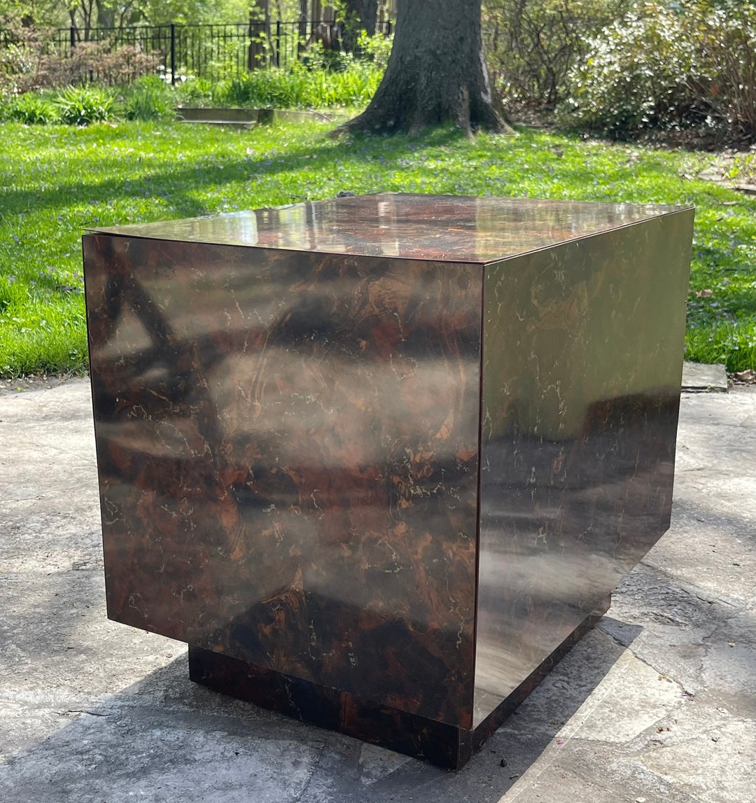 Faux Burlwood Laminate Plinth Side Table in the Manner of Milo Baughman ...