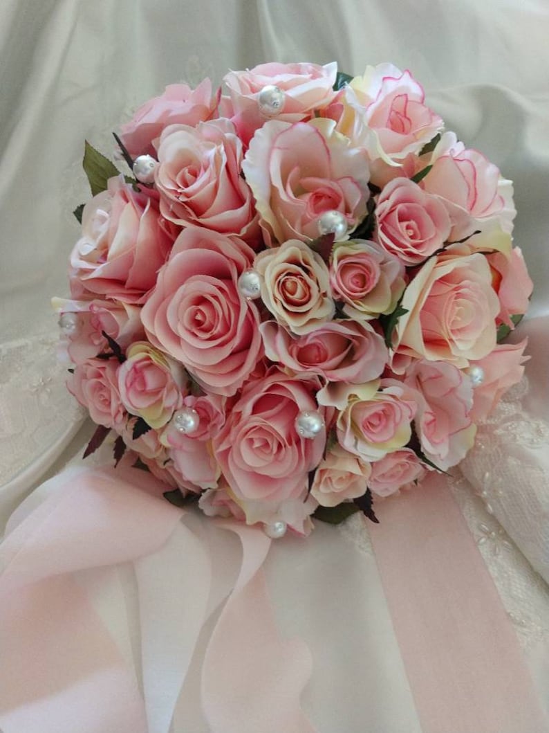 Soft Pink Rose Bouquet with Rhinestone Encrusted Pearls | Etsy