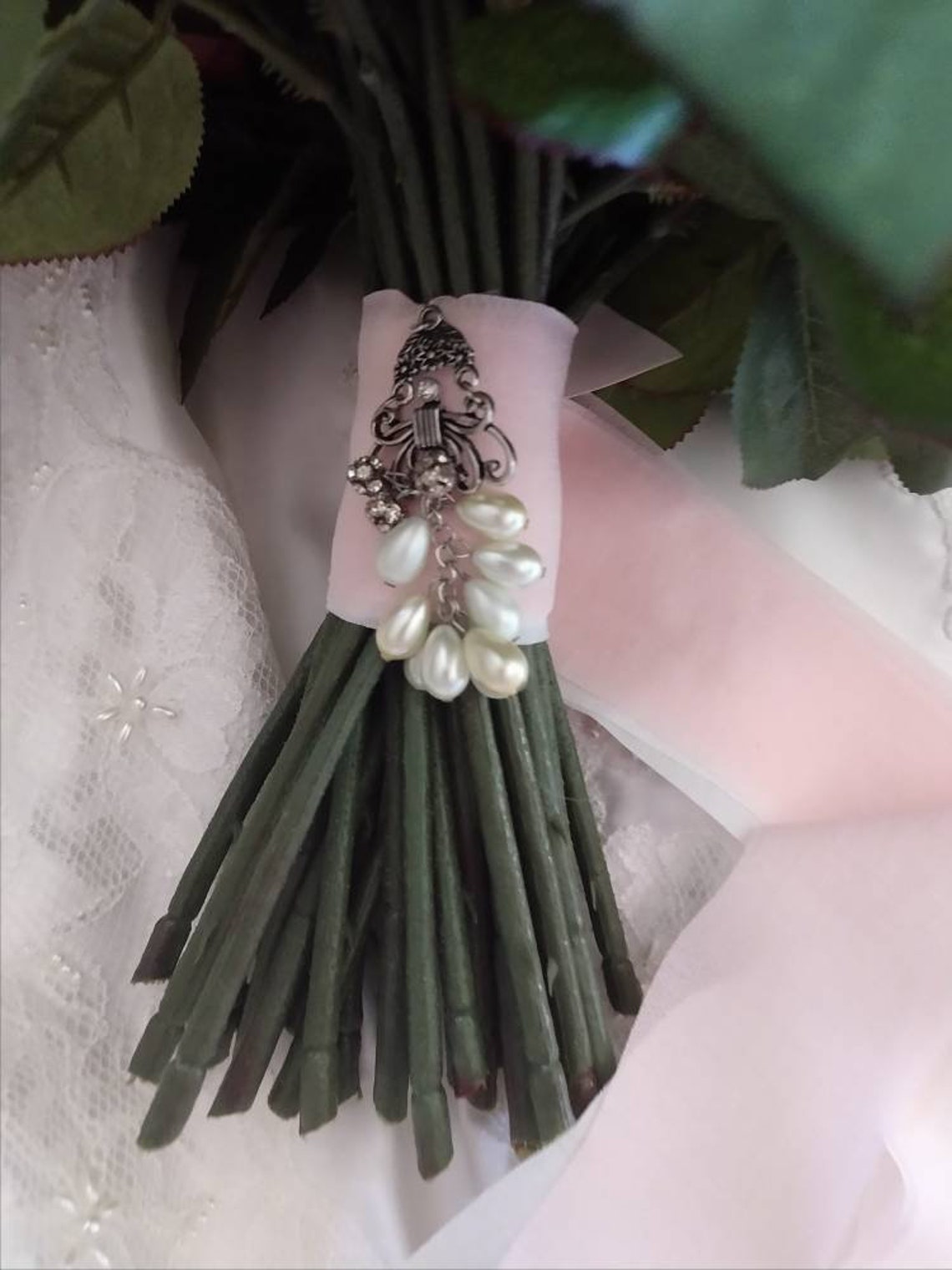 Soft Pink Rose Bouquet With Rhinestone Encrusted Pearls - Etsy
