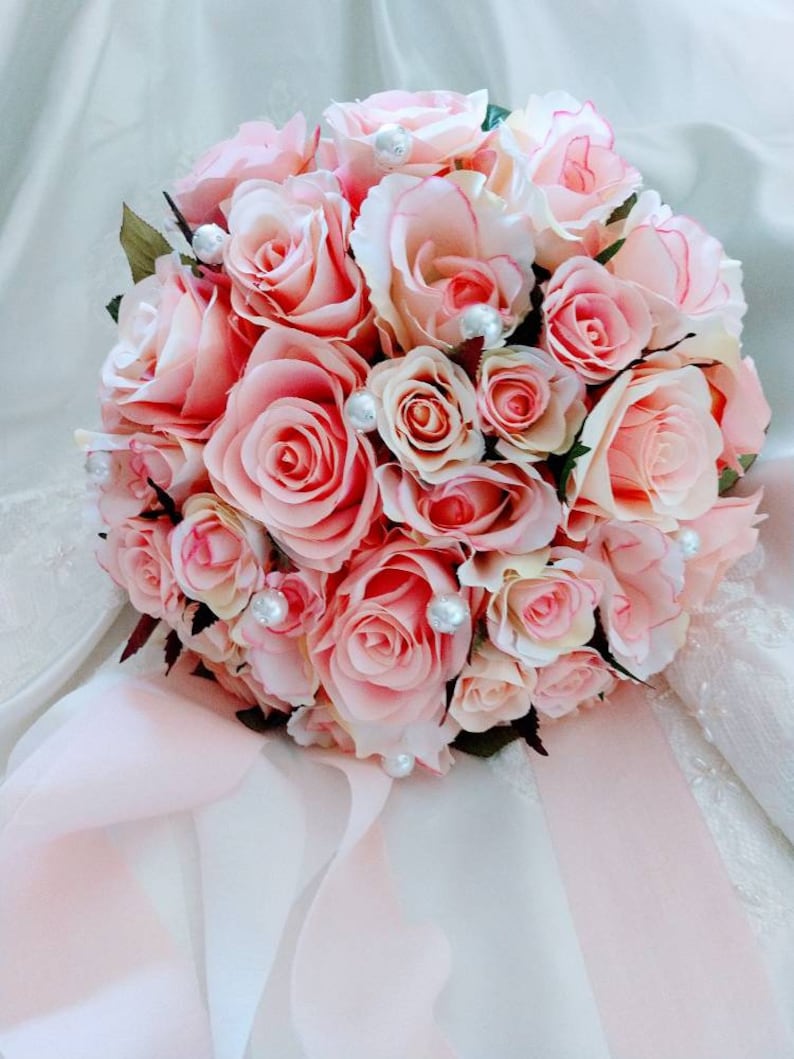Soft Pink Rose Bouquet With Rhinestone Encrusted Pearls - Etsy