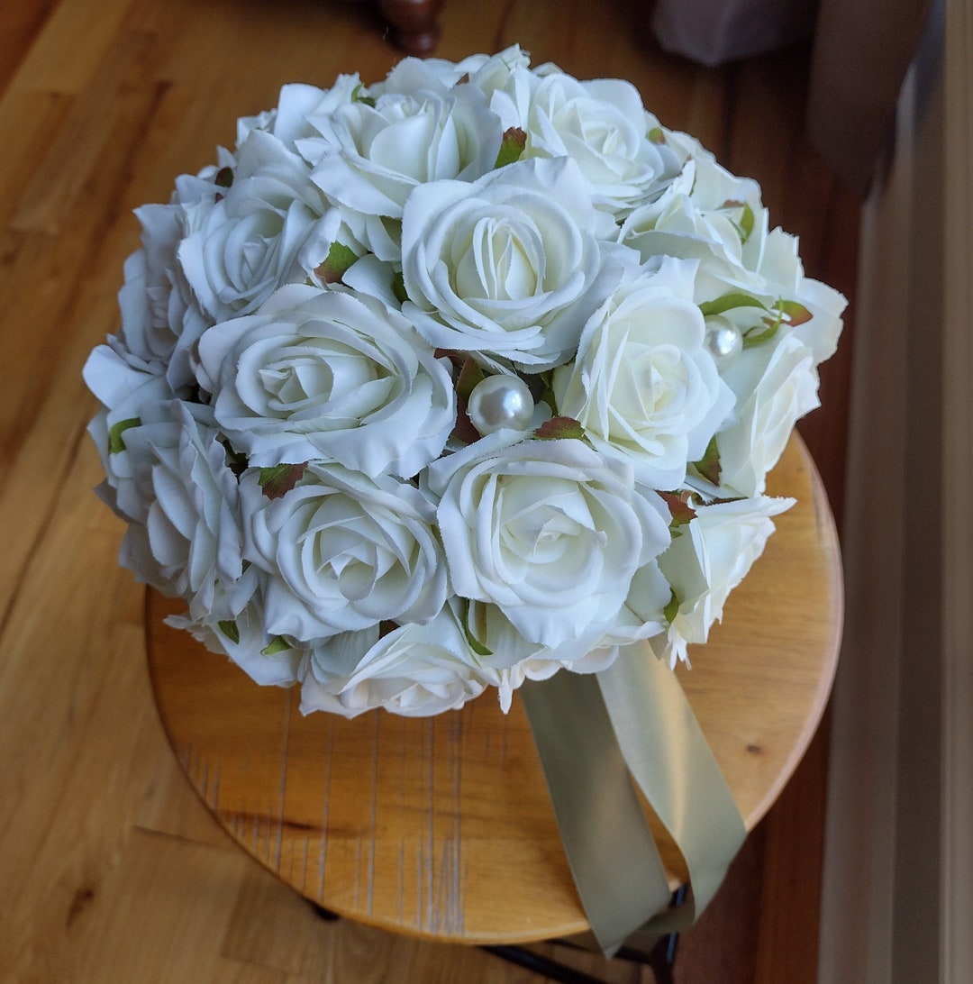Antique White Rose Bouquet With Pearl Accents - Etsy