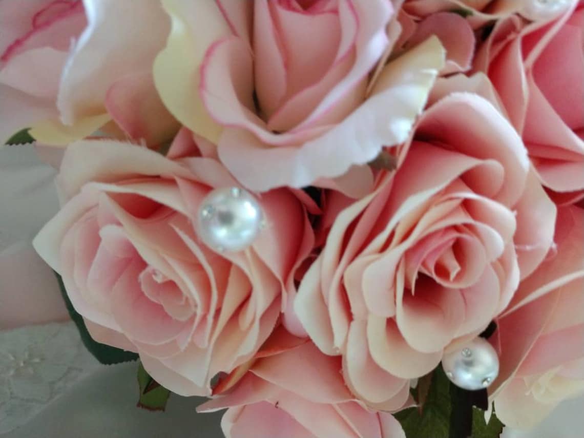 Soft Pink Rose Bouquet With Rhinestone Encrusted Pearls - Etsy