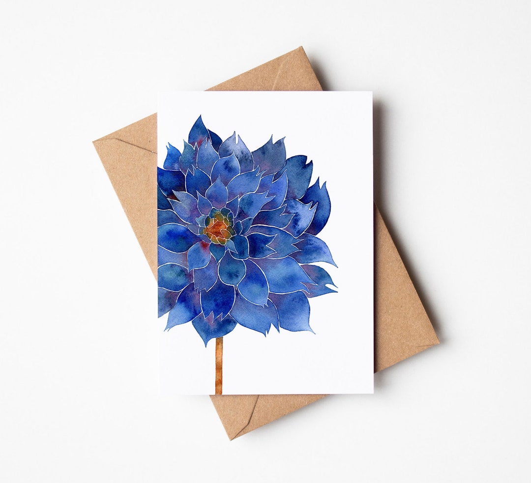 Watercolour Blue Dahlia Card on Quality Recycled Paper Printed From My ...