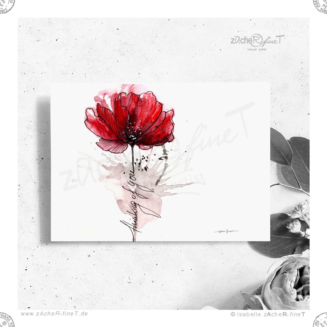 Postkarte BLUMENAQUARELL Blumenpostkarte Rote MOHNBLUME Mit Lettering ...