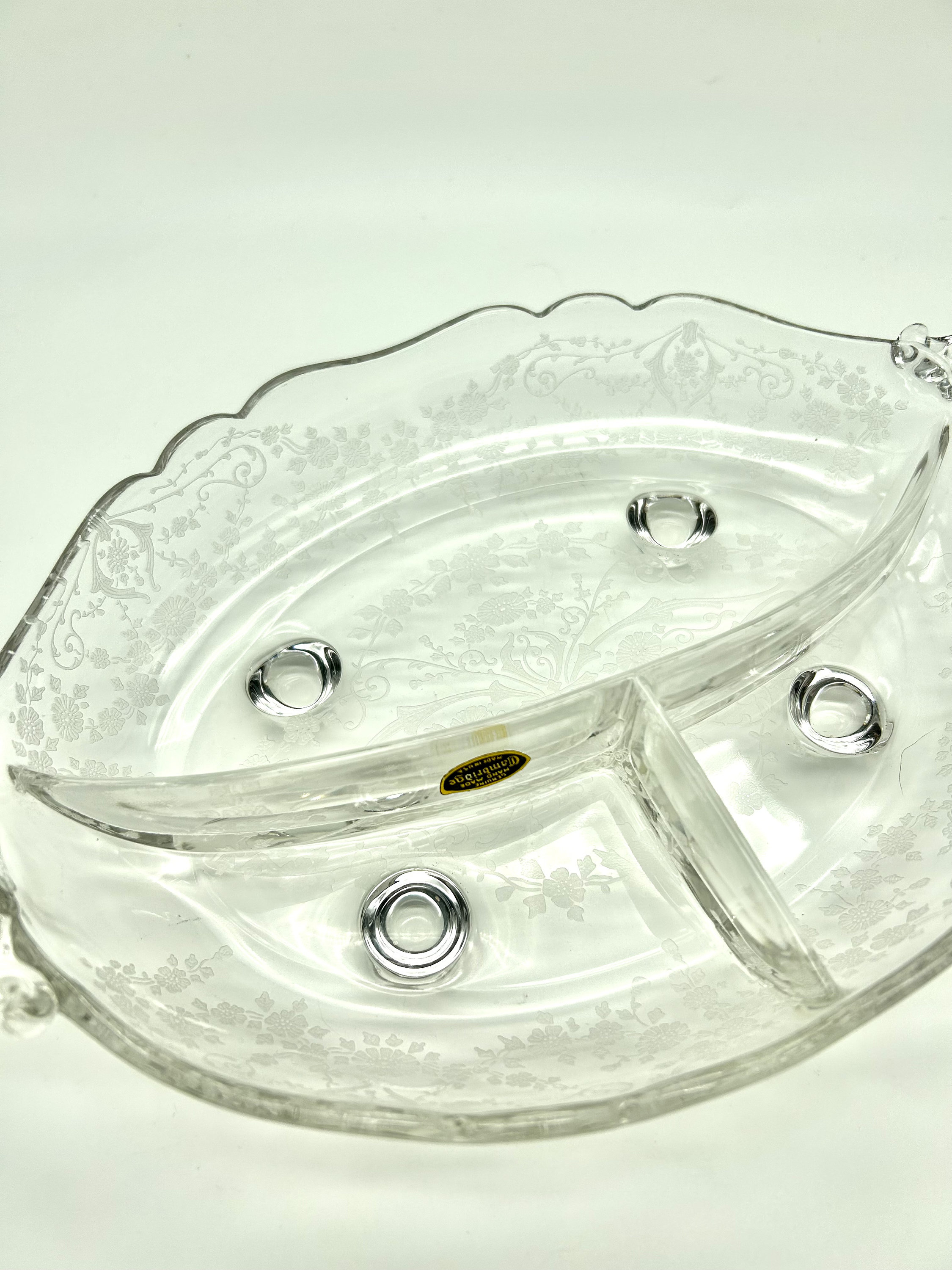 Cambridge "rose Point" 3 Part Relish Dish With Delicate Glass Handles ...