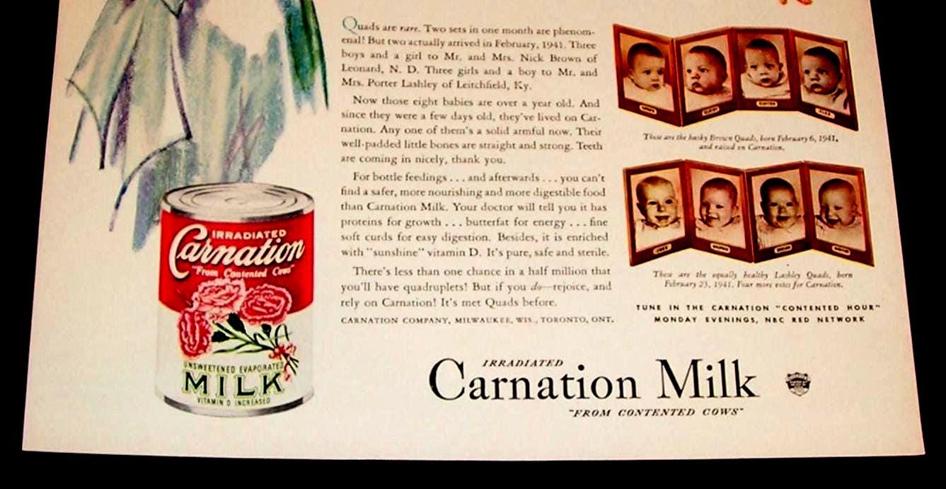 1942 Carnation Milk Vintage Magazine Ad, 2 Sets of Quadruplets, the ...