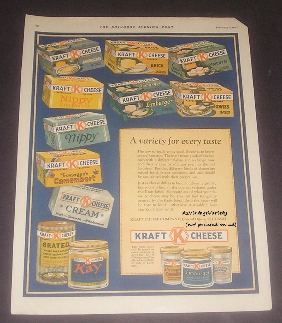 1927 Kraft Cheese, Vintage Magazine Ad, A Variety for Every Taste, 14 ...