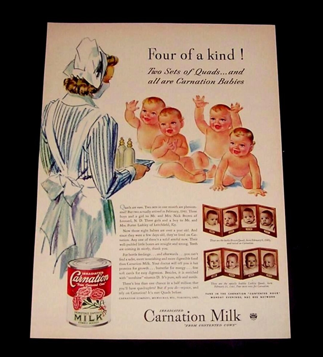 1942 Carnation Milk Vintage Magazine Ad, 2 Sets of Quadruplets, the ...