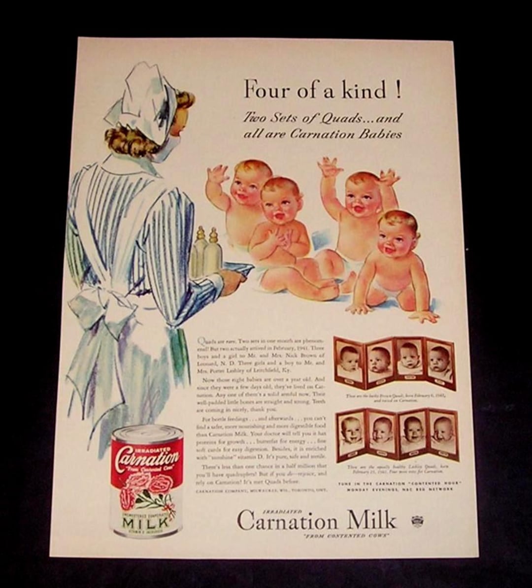 1942 Carnation Milk, Vintage Magazine Ad, Four of a Kind, Two Sets of ...