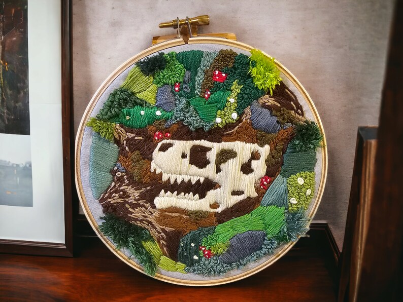 T-rex Fossil Embroidery Art - Handmade Dinosaur Wall Decor, Prehistoric ...