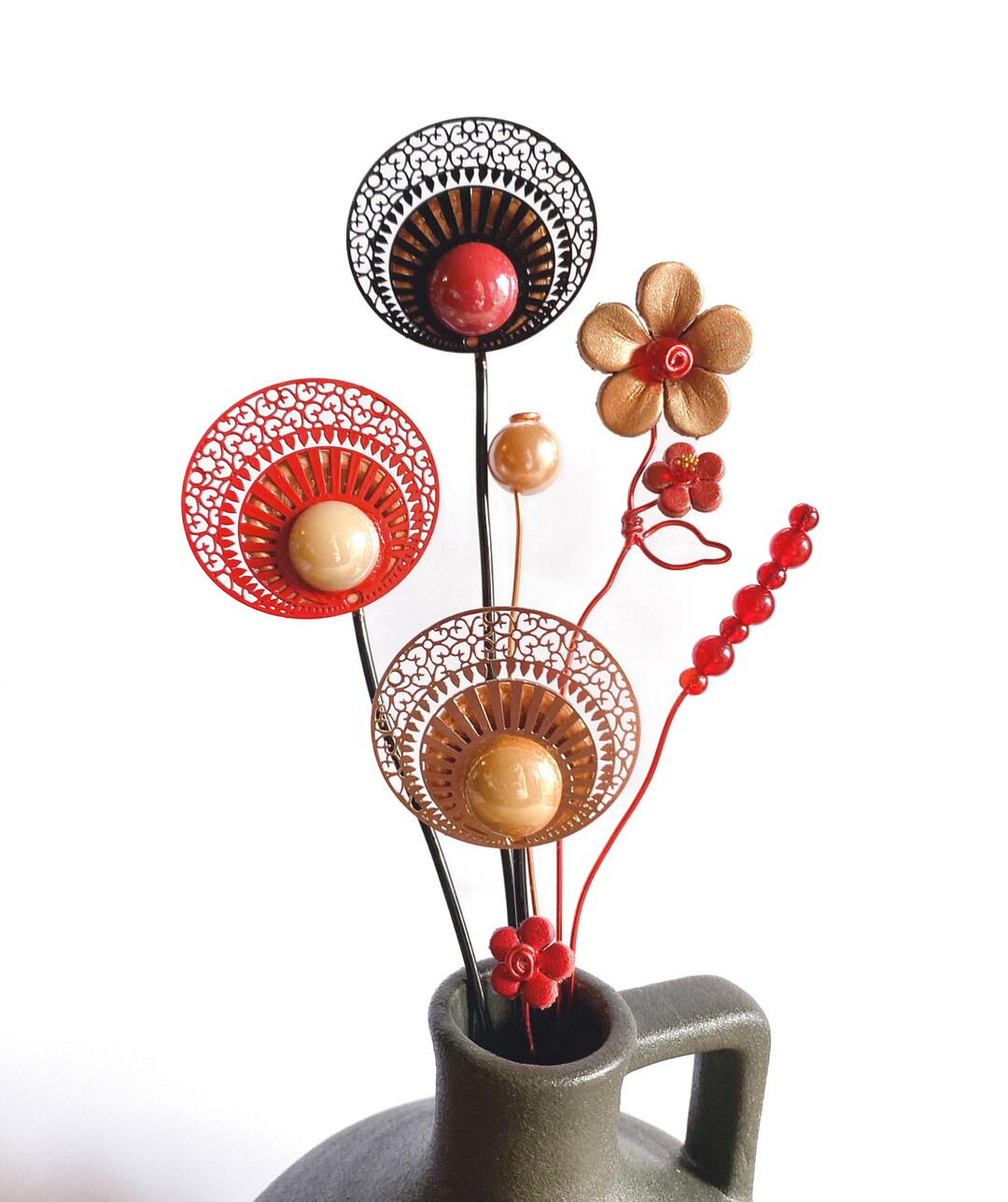 Handmade Art Deco Inspired Wire Flower Posy Red, Black and Gold Tones ...