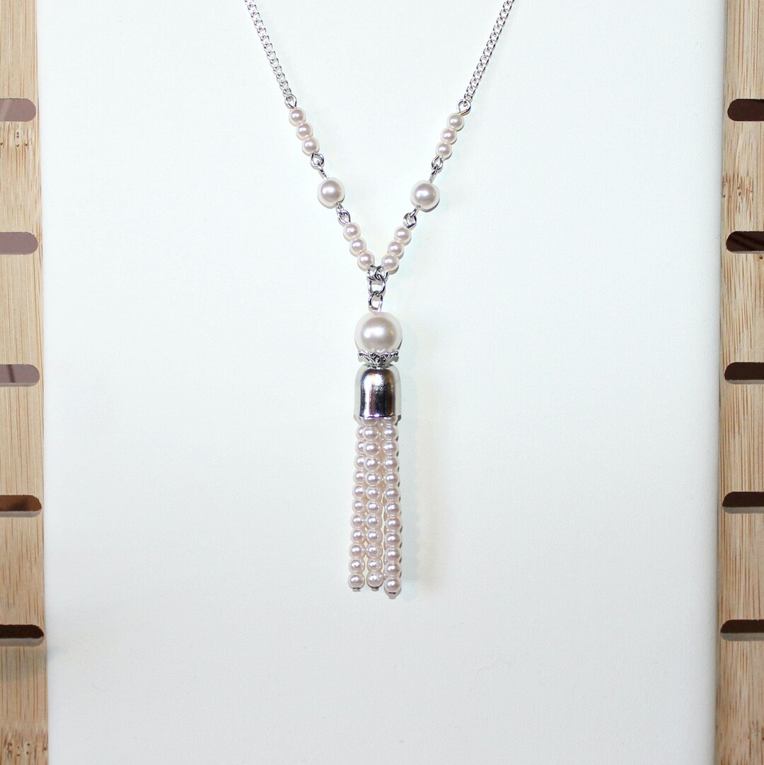 Flapper/1920's Long Silver Necklace With Faux Pearl Beaded Tassel ...