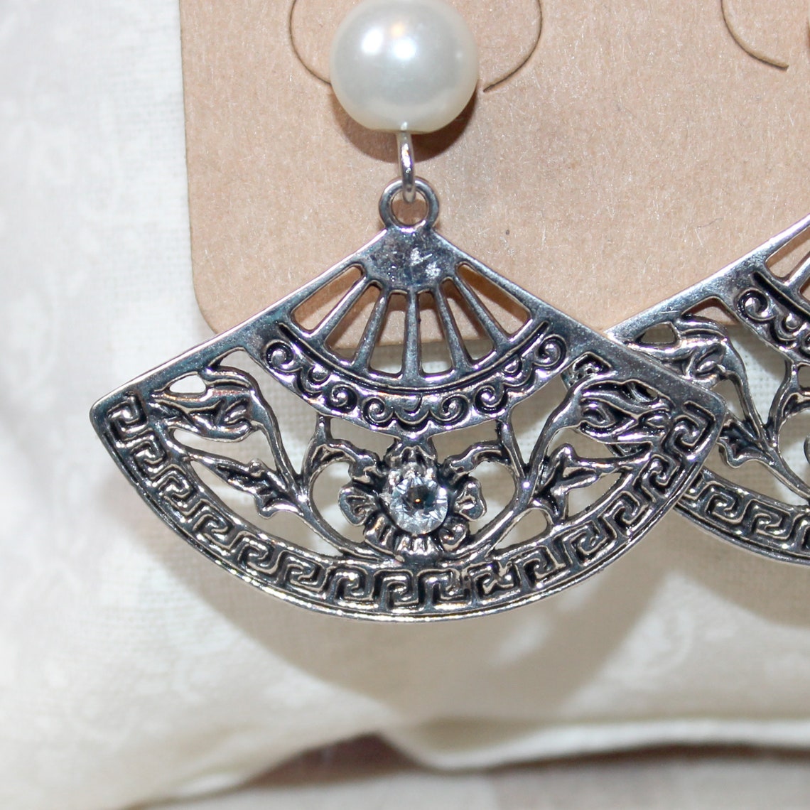 1920's/flapper Art Deco Style Silver Fan and Faux Pearl Drop Earrings ...