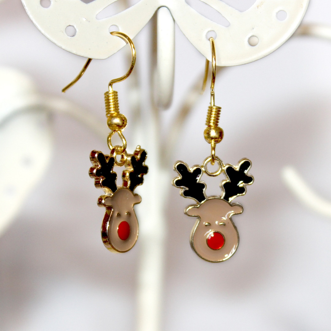 Cute Gold Rudolph Red Nose Reindeer Mini Enamel Earrings - Etsy
