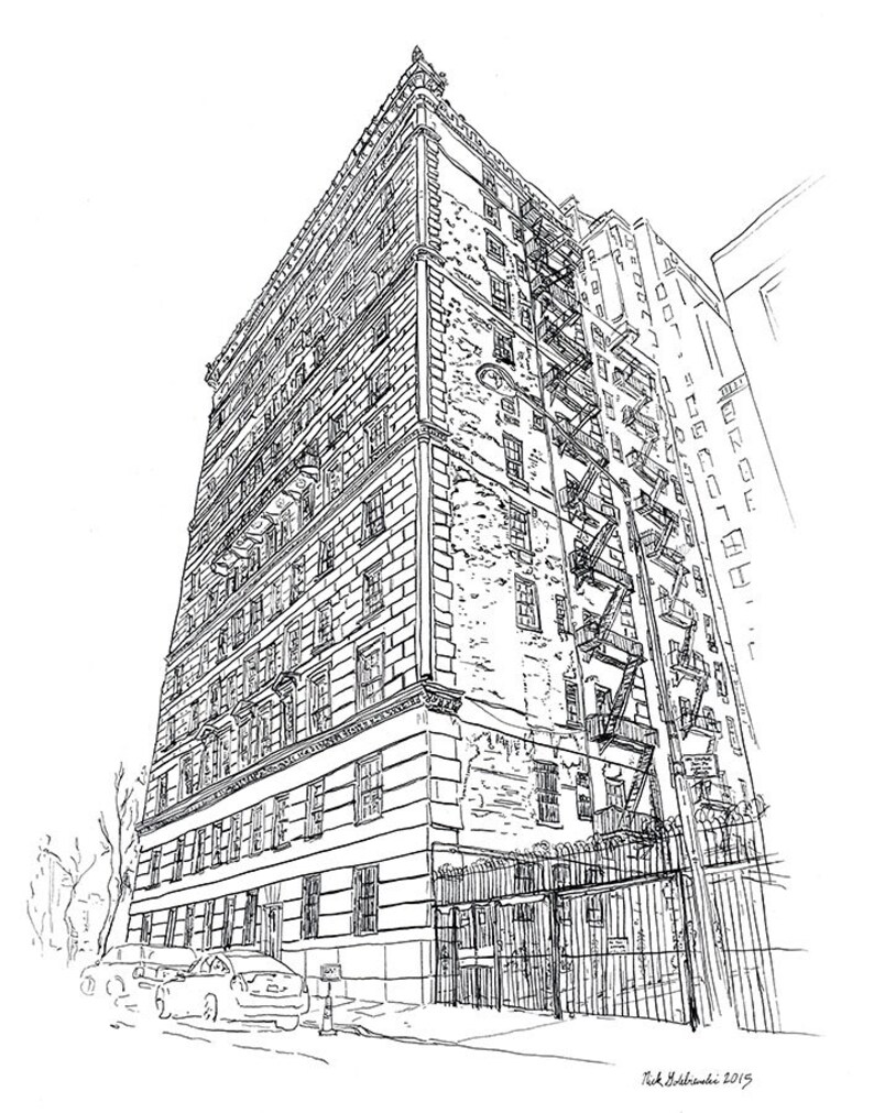 Custom: Pen & Ink Line Drawing of NYC of Street Scene and Architecture ...