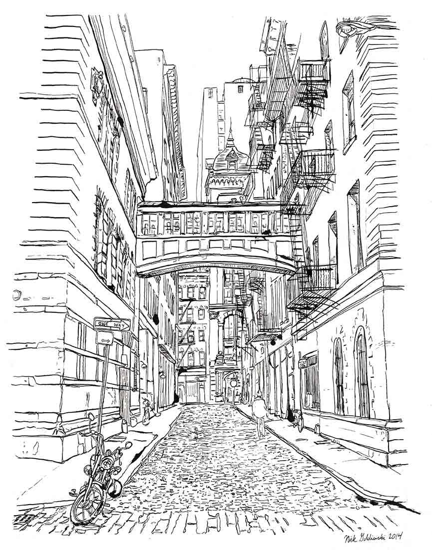 Custom: Pen & Ink Line Drawing of NYC of Street Scene and Architecture ...