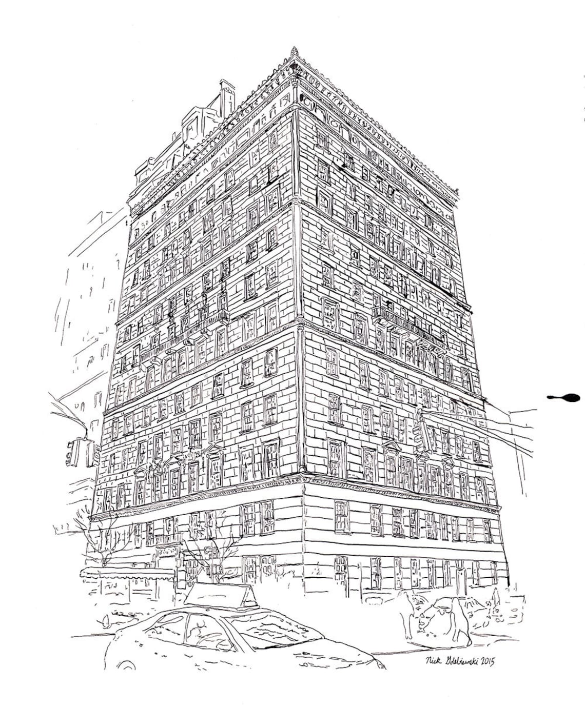 Custom: Pen & Ink Line Drawing of NYC of Street Scene and Architecture ...