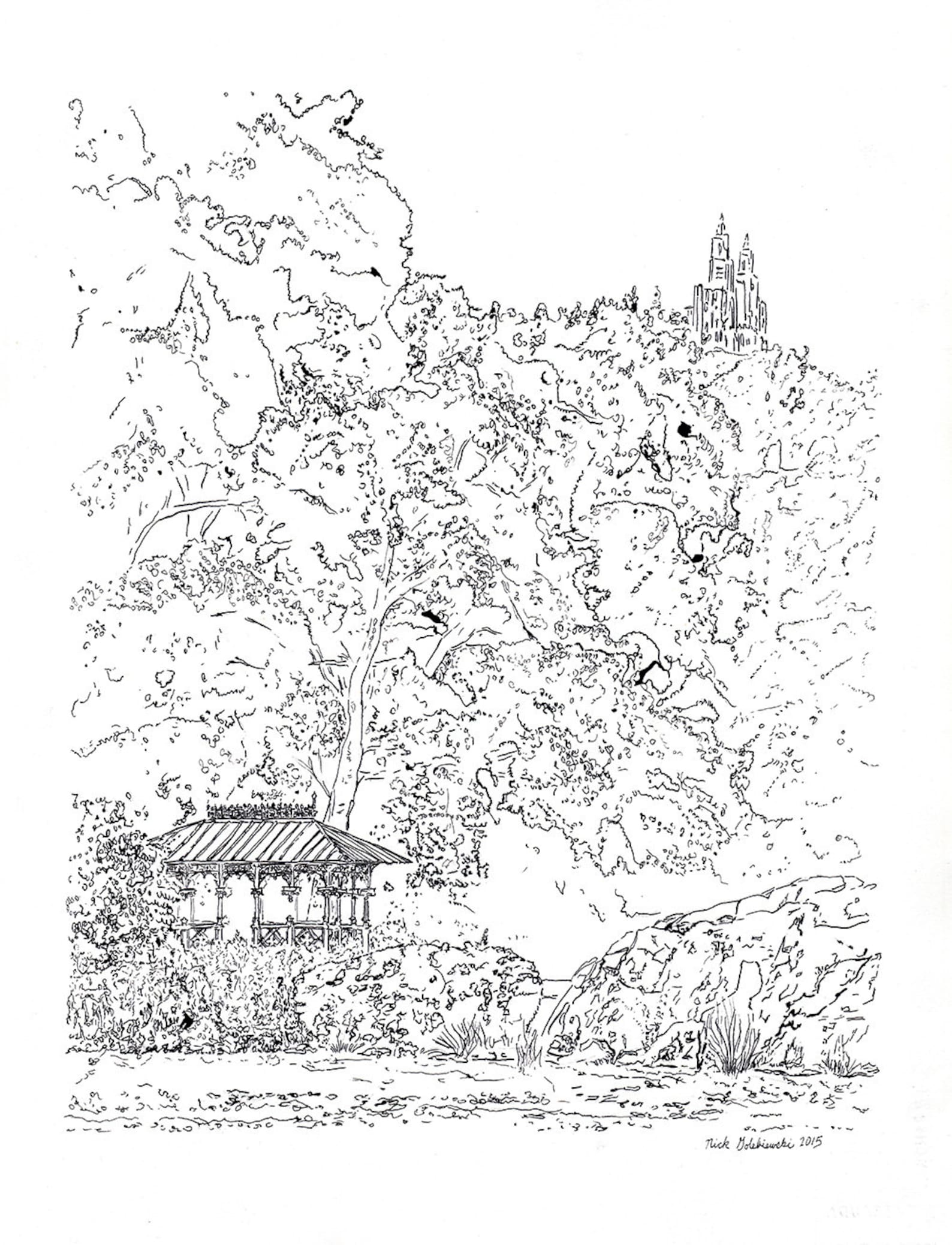 Custom: Pen & Ink Line Drawing of NYC of Street Scene and Architecture ...