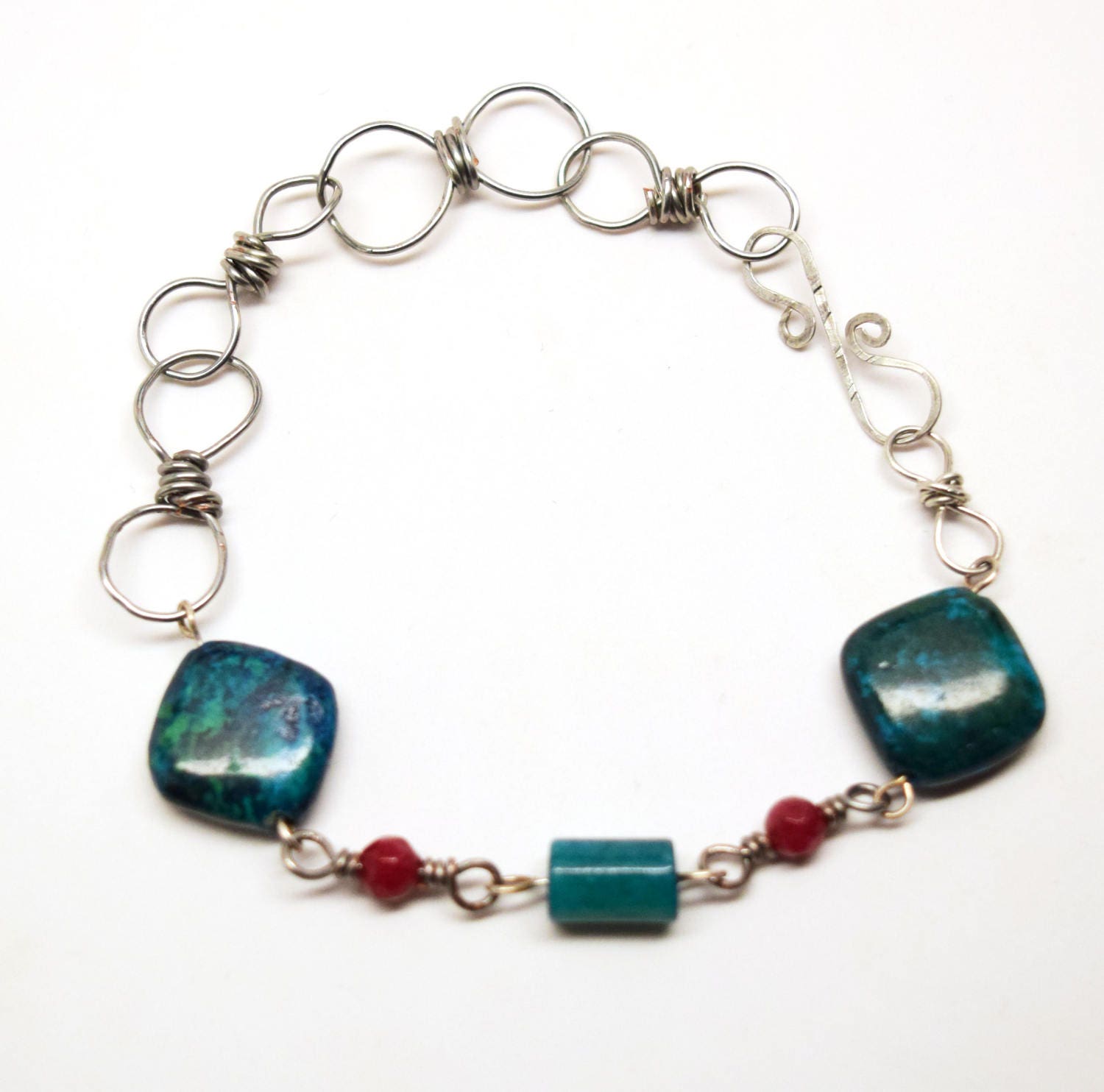 Ruby Jade and Azurite Chrysocolla Bracelet Handmade on Silver Wire - Etsy