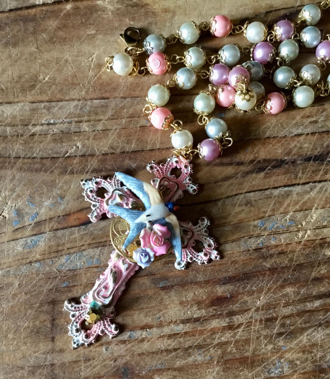 Victorian Cross ,"precious Birds",sparrow on Roses, Miriam Haskell ...