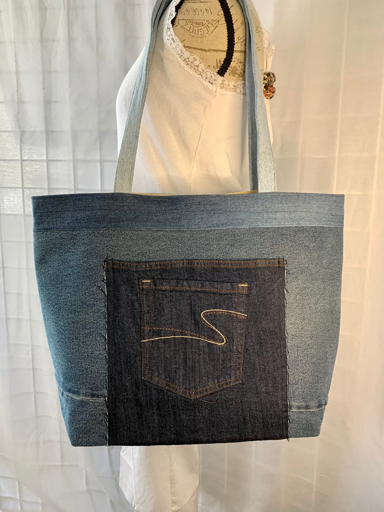 Market Bag Retro Fabric, Recycled Denim, Large Tote Bag - Etsy