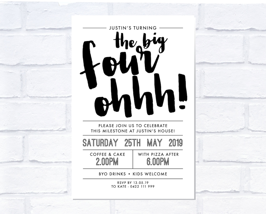 Big Four Ohhh Birthday Invitation, Digital Invitation, Print Yourself ...