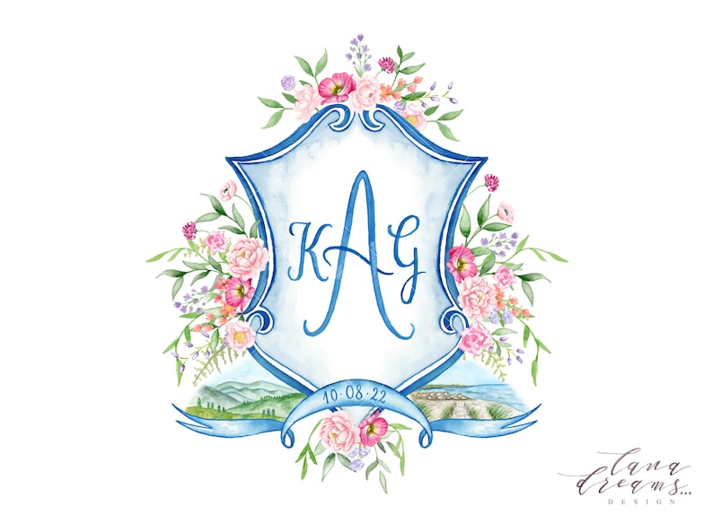 Bespoke Wedding Crest, With Vintage Monogram, Watercolor Floral ...