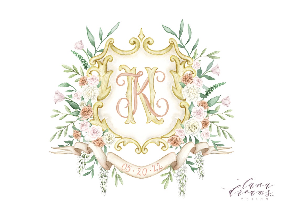 Gold Vintage Wedding Crest, Handpainted Monogram, Bright Flowers and ...