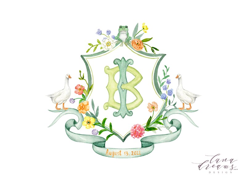 Gold Vintage Wedding Crest, Handpainted Monogram, Bright Flowers and ...