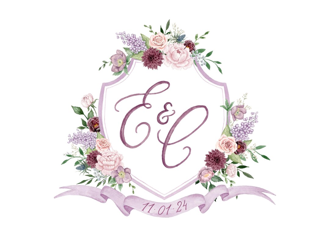 Hand-painted Lilac Floral Wedding Crest, Script Monogram (digital Only ...