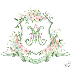 Gold Vintage Wedding Crest, Handpainted Monogram, Bright Flowers and ...