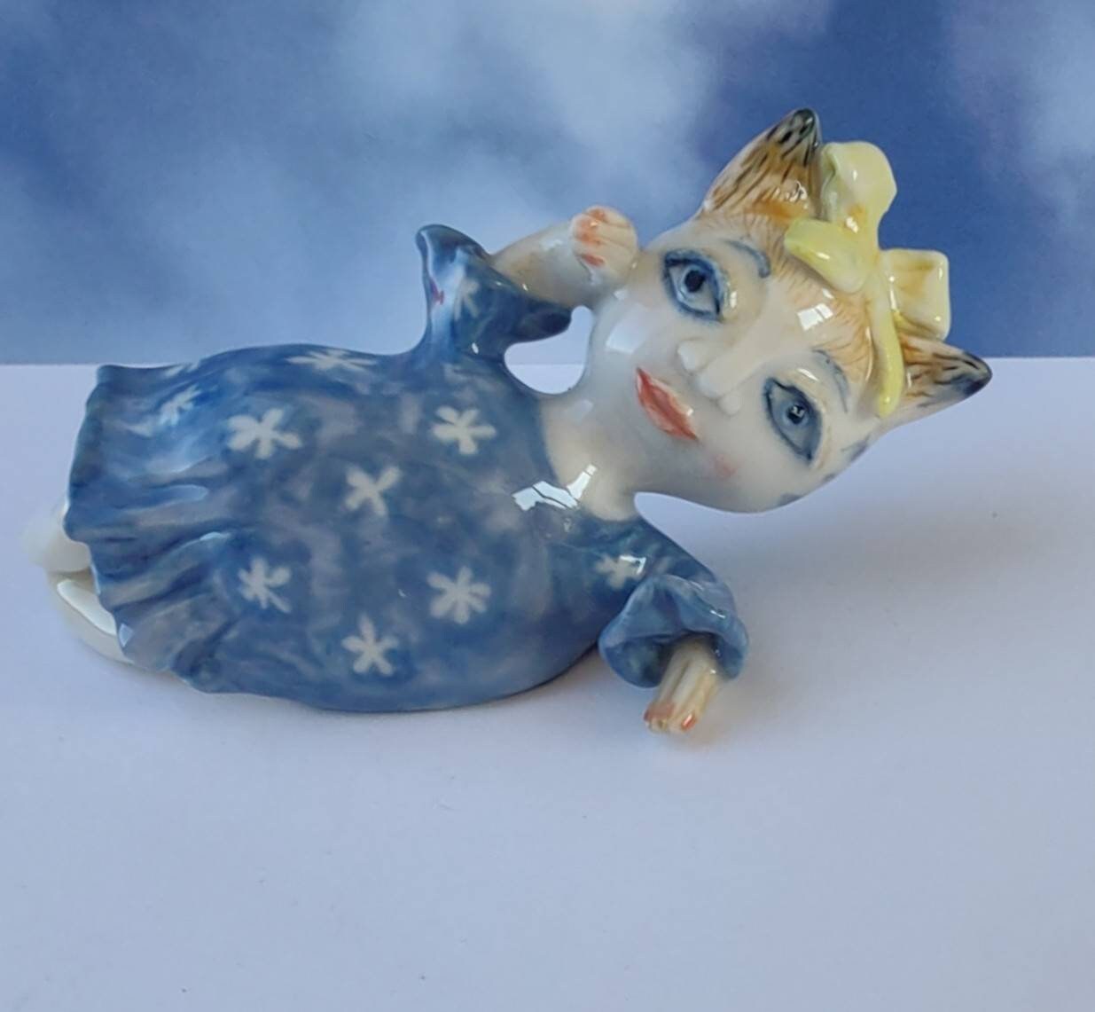 Cat Girl in Blue Flower Dress Laying Figurine. One of a Kind Porcelain ...