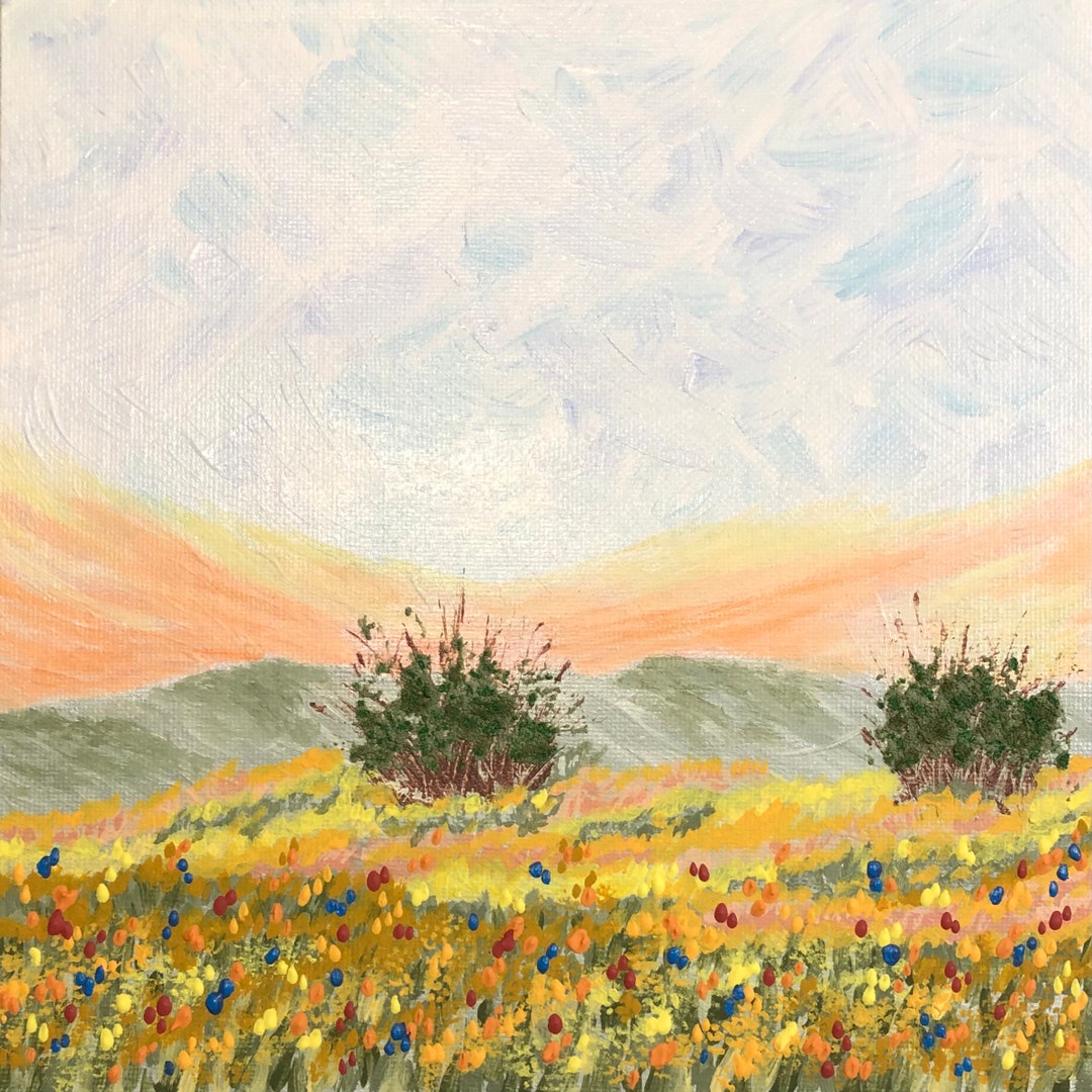 Daylight 8 X 8 Acrylic Painting, Landscape, Trees,hills, Sunrise ...