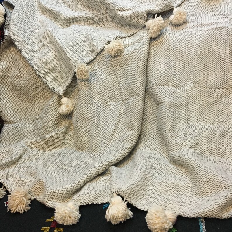 Wool Blanket With Pompoms Hand Loomed in Morocco | Etsy