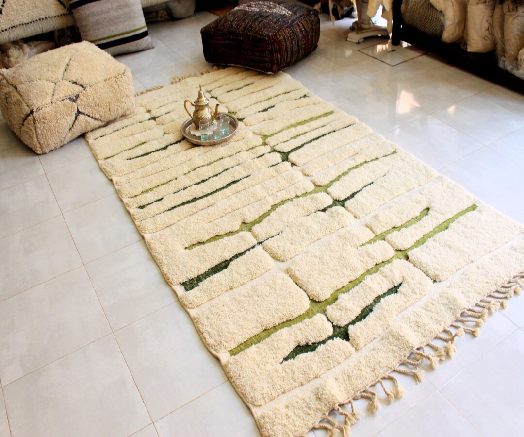 Hand Carved Area Rugs.olive Green & Ivory Pattern. Beni Ourain Rug ...