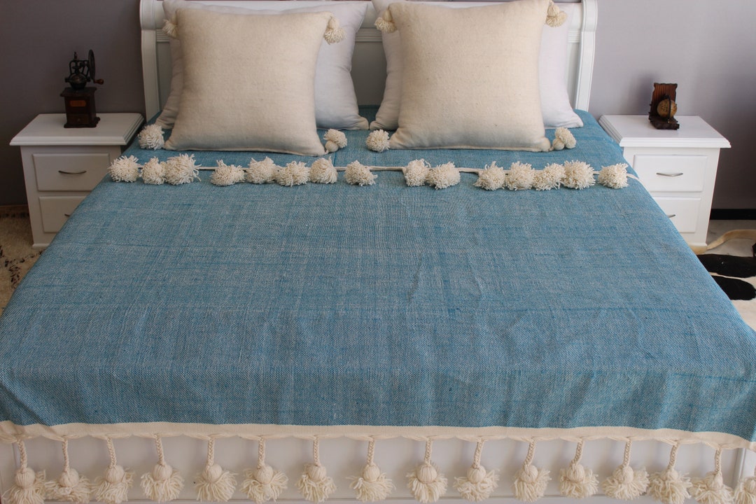 Moroccan Pom Pom Turquoise Cotton Blanket and Throw With Braided ...