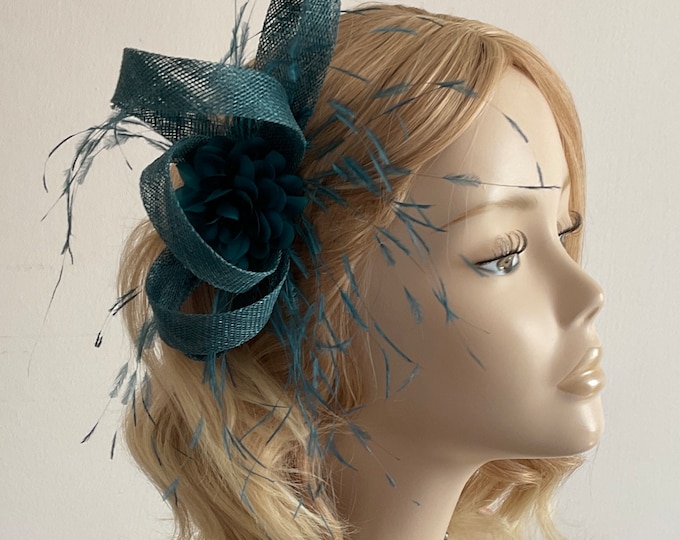 A Dark TEAL FASCINATOR Made of Sinamay Ostrich Feathers - Etsy