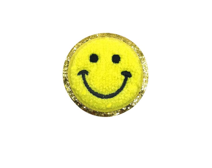 Yellow Smile Chenille Face Patches Smiley Glitter Embroidered Patch ...