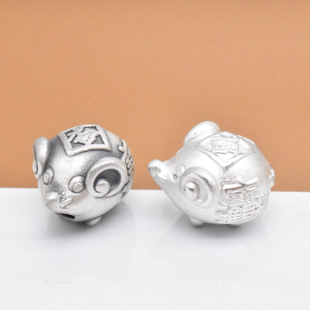 2pcs 999 Fine Silver Mouse Beads 3D, Sterling Silver Chinese Fortune ...