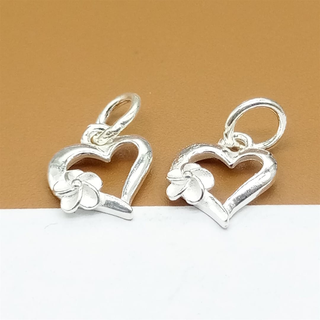 8 Sterling Silver Heart Charms, 925 Silver Flower Love Heart Charms ...