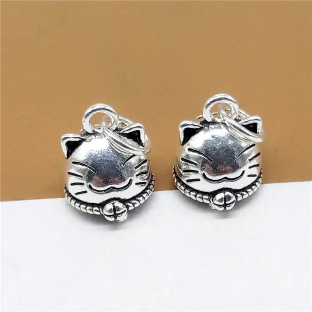 2 Sterling Silver Cat Collar Style Bell Charms, Cat Head Bell, Good ...