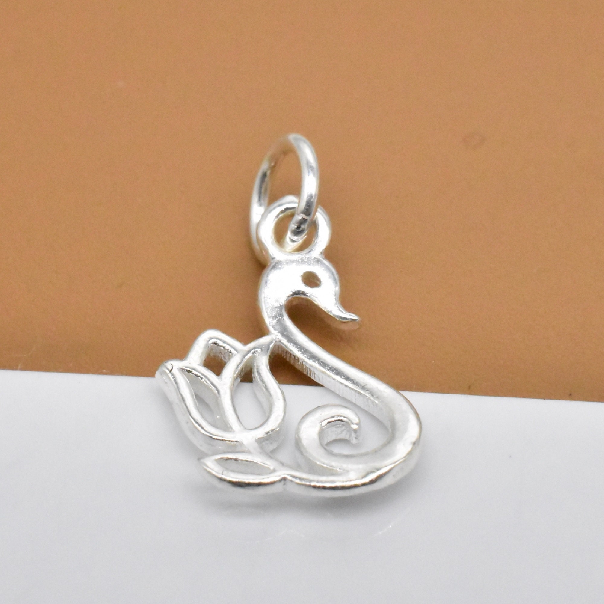 5 Sterling Silver Swan Charms, 925 Silver Flower Swan Charms, Shiny ...