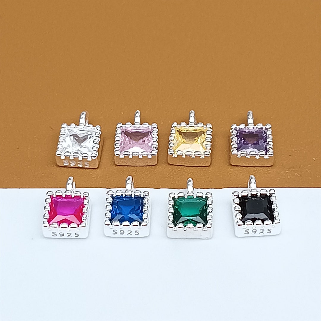 6 Sterling Silver Square Birthstone Charms With CZ, 925 Silver Cubic ...